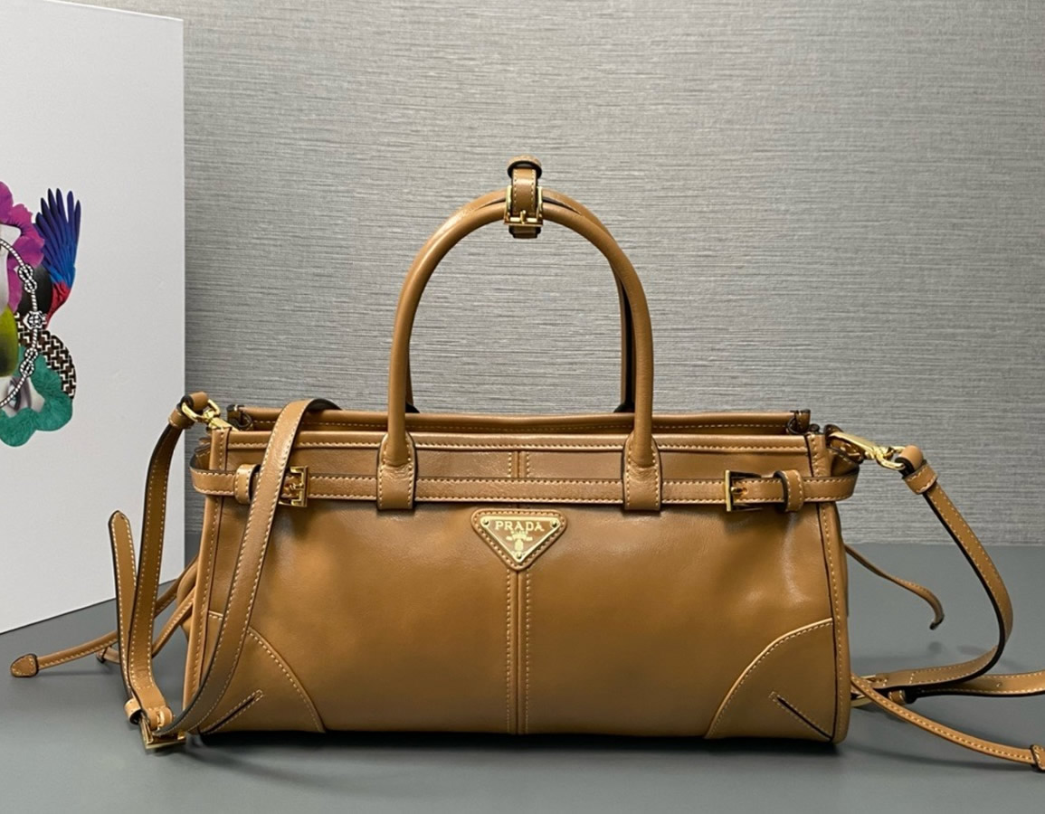 Prada Medium leather handbag with short handles PD1BA426-SS-caramel ...